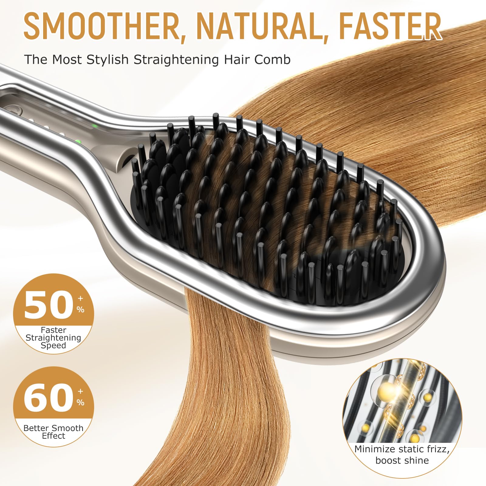 Hair Straightener Brush Ceramic | Negative Ionic Ring Straightening Comb | Natural Hairstyles Heat Brush Dual Voltage Fast Heat-Up with Dense Bristles, 4 Temps, Anti-Scald & Auto-Off