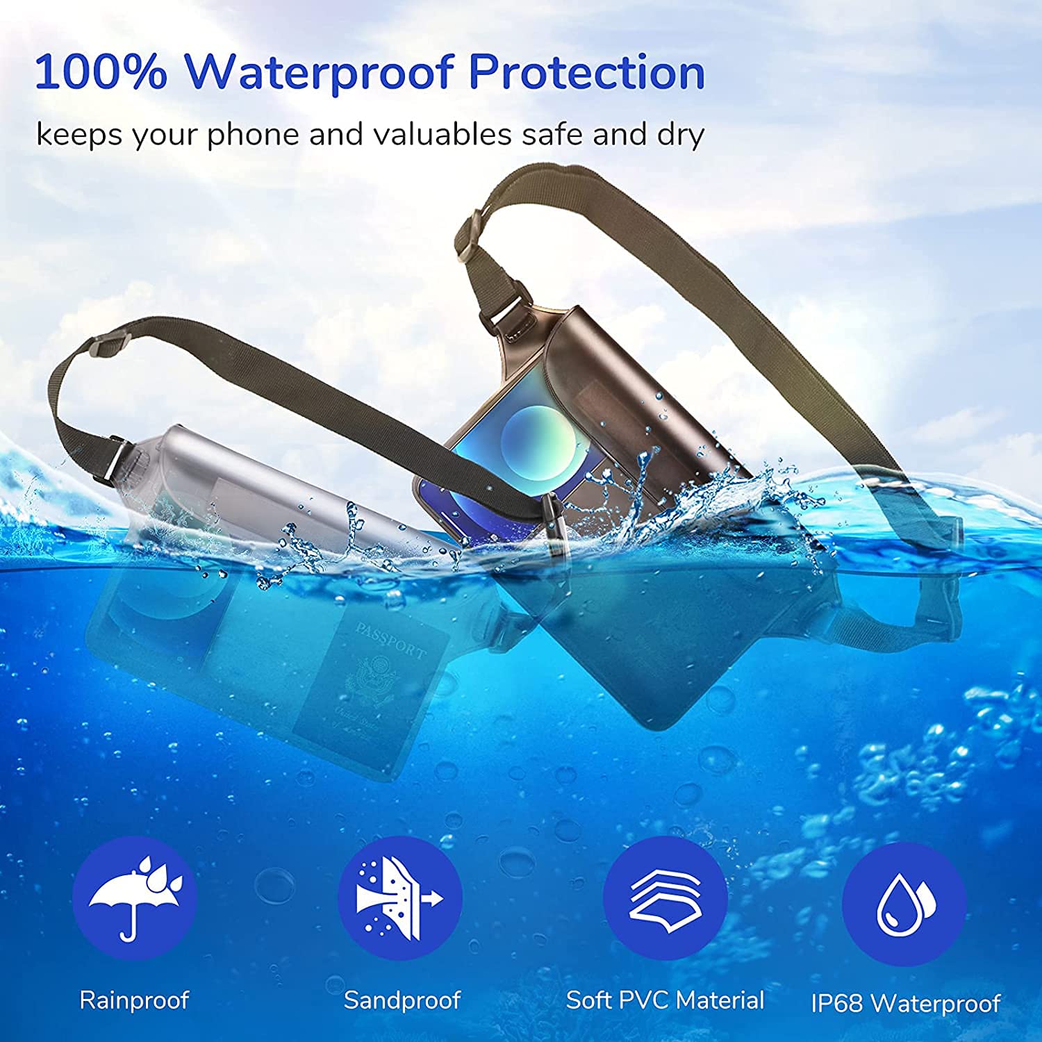 GLBSUNION IPX8 Waterproof Pouch Bag with Adjustable Waist Strap-Screen Touchable Dry Bag with Adjustable Belt for Phone Valuables for Beach Swimming Snorkeling Boating Fishing Kayaking (2 Pack)