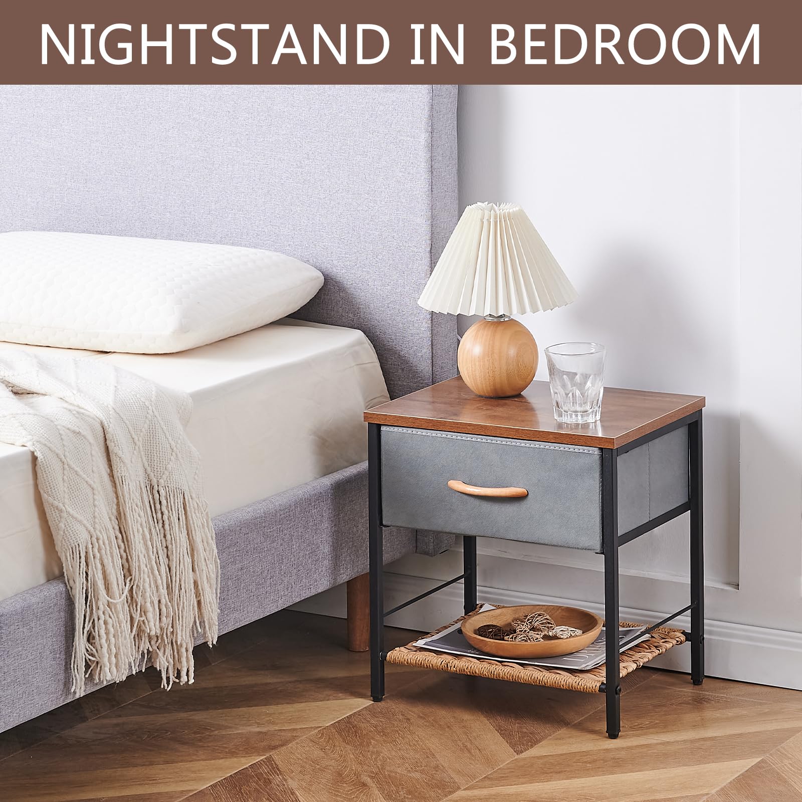 Wimarsbon Nightstand with Drawer, Night Stand Bedside Table with Storage Drawers, with Three Fabric Drawer Bedside Dresser, Modern Bedside Table Fabric Dresser for Bedroom (Light Gray-2)