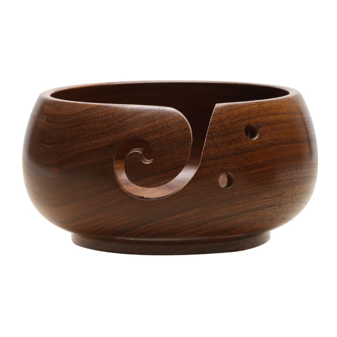 Vriksha Kraft Yarn Bowl with Crochet Hook Holder (7x4) â Wooden Large Knitting Bowl for Yarn â Free Pouch Bag â Knitting Gifts for Women and Knitters