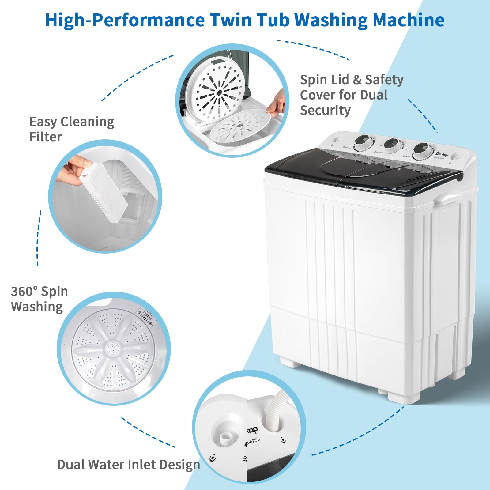 Winado 20LBS Portable Washing Machine, Compact Mini Washer Machine & Dryer Combo, Built-in Gravity Drain, Small Twin Tub Washer with Spin Cycle for Laundry Room, Apartments, Dorms, RV's (Black)