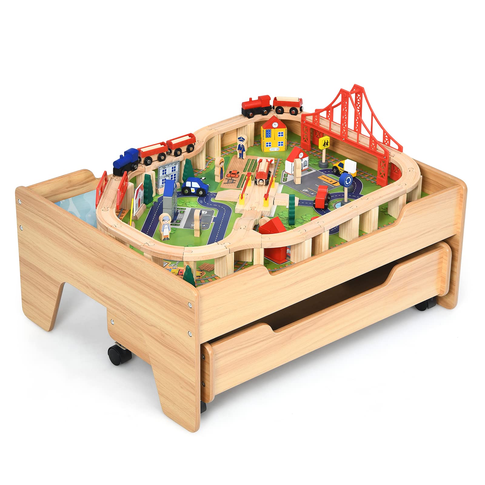 HONEY JOY Train Table, Wooden Kids Activity Table with Storage Drawer, 100 Multicolor Pieces, Tracks, Trains, Cars, Toddler Train Table Set, Gift for Boys Girls Age 3+, Natural