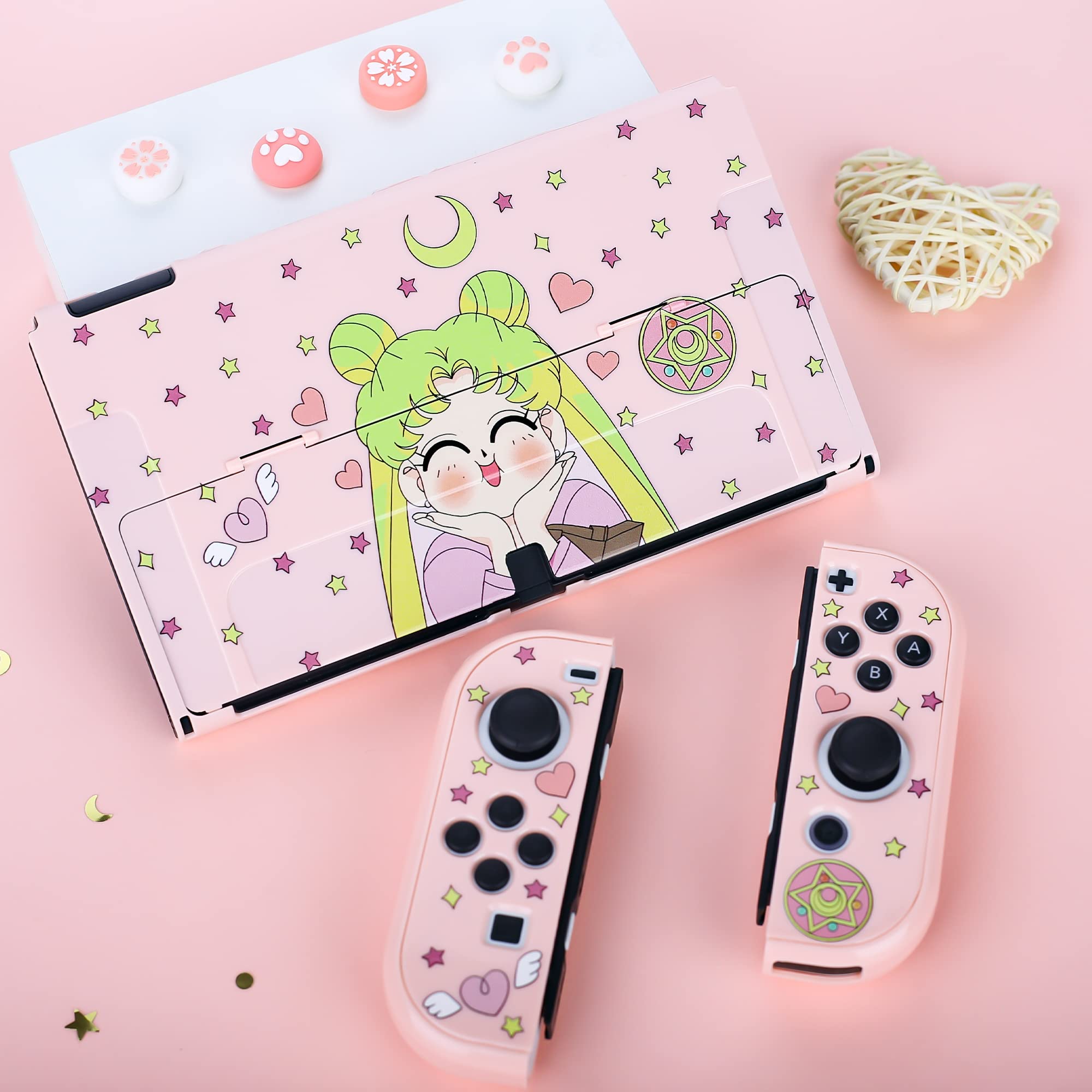 GLDRAM Anime Girl Protective Case for Nintendo Switch OLED, Cute Dockable Case Cover Compatible with Switch OLED Console and Joy Con, Hard PC Pink Skin Accessories with 4 Thumb Caps & Screen Protector