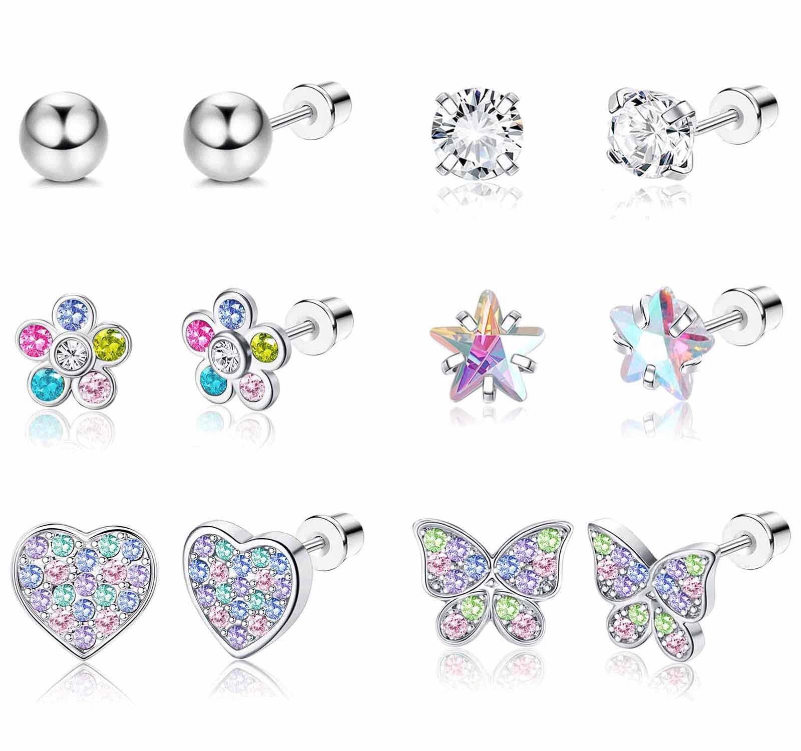 Jstyle 6 Pairs Hypoallergenic Screw Back Earrings for Women 316L Stainless Steel Stud Screwback Earrings Cute Tiny Pearl Heart Flower CZ Stud Earrings Set Multicolored Tone