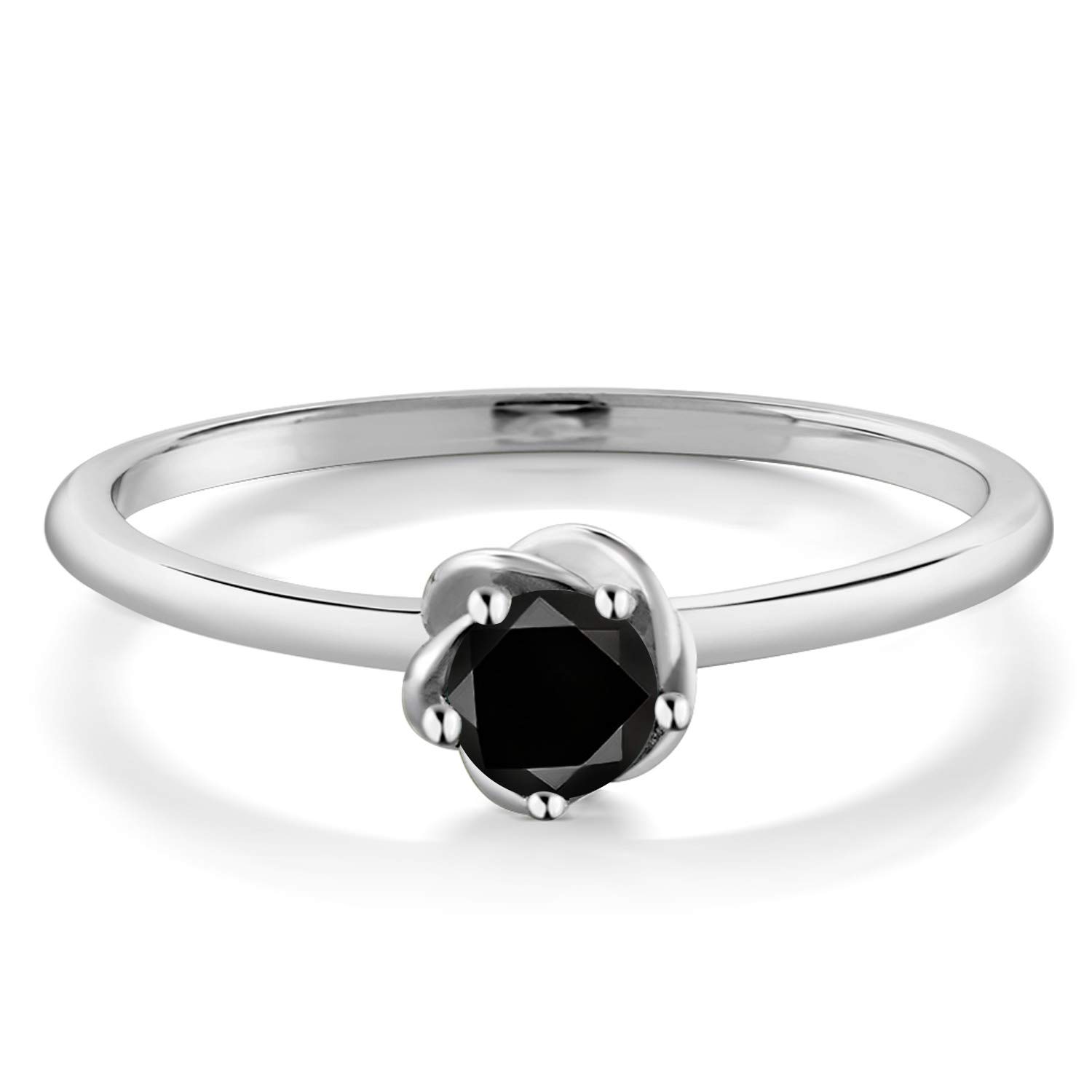 Gem Stone King 10K White Gold Black Diamond Solitaire Engagement Ring For Women (0.17 Cttw, Round Cut 3.5MM, Available In Size 5,6,7,8,9)
