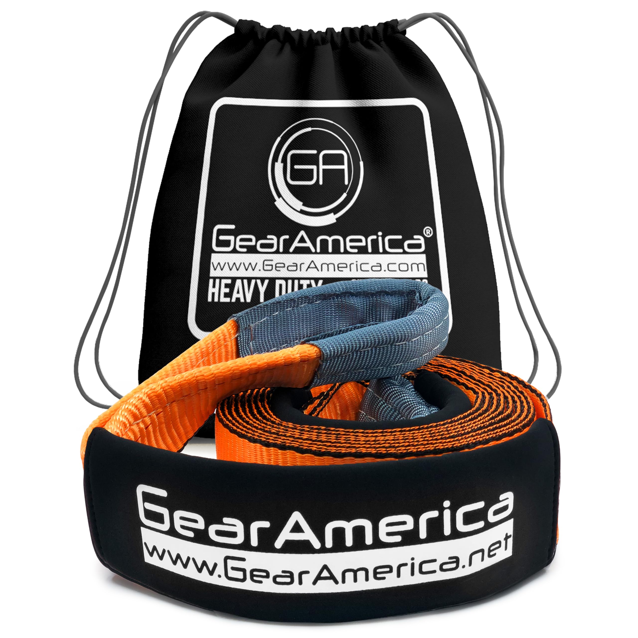 GearAmerica Tow Straps Heavy Duty with Loops 3" x 20' – 35,053 lbs Break Strength – Emergency Off Road Towing Rope & Winch Extension – Triple Reinforced Loops, Protective Sleeves & Storage Bag