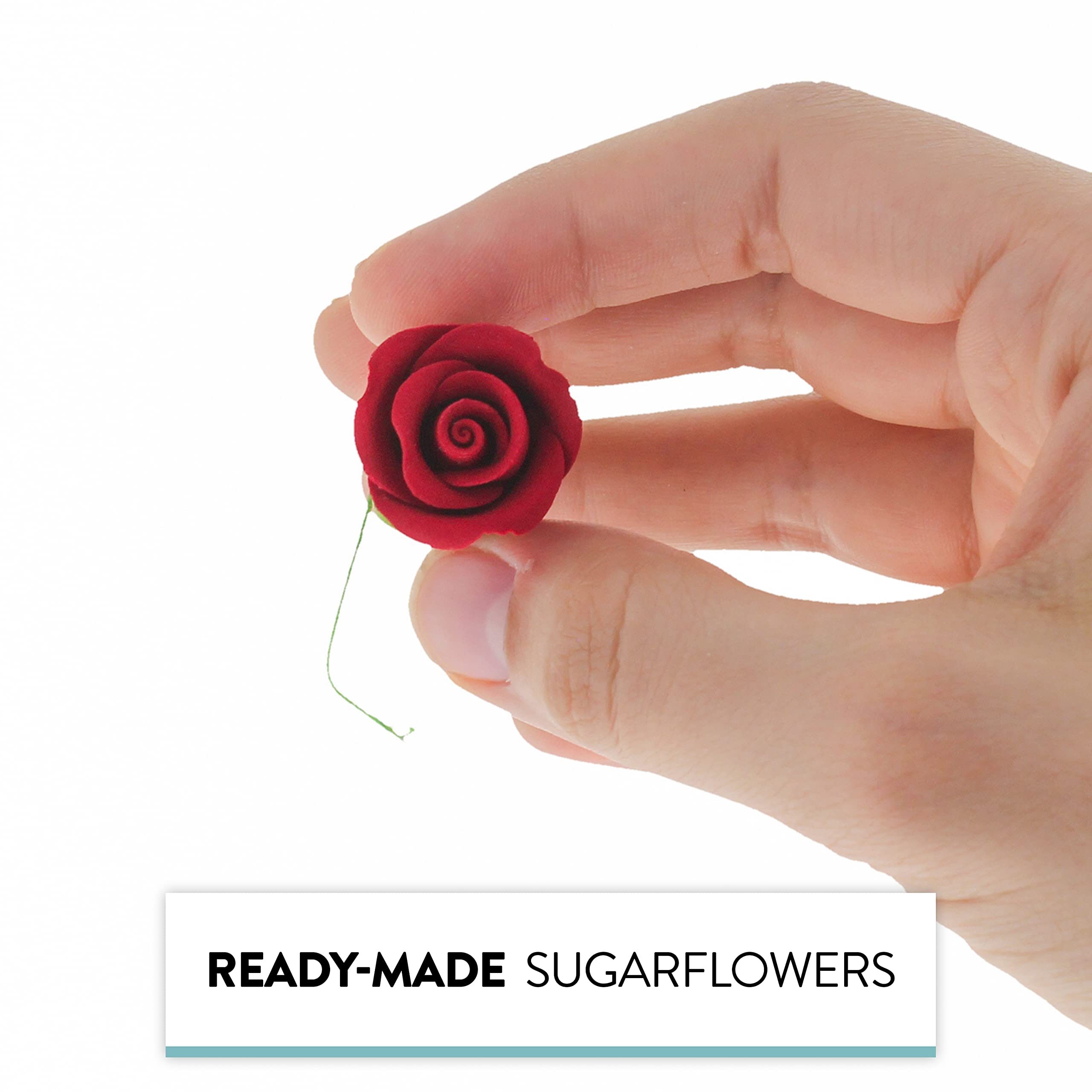 Global Sugar Art Tea Rose Sugar Cake Flowers, Red With Green Calyx, Small 1 inch, 15 Count by Chef Alan Tetreault