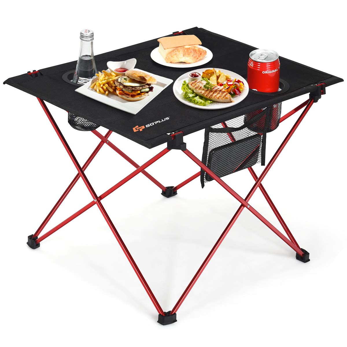 Goplus Portable Camping Table, Lightweight Folding Table with Cup Holders and Carrying Bag, Aluminum Picnic Table Suitable for Camping, Picnic, Outdoor, BBQ, Home