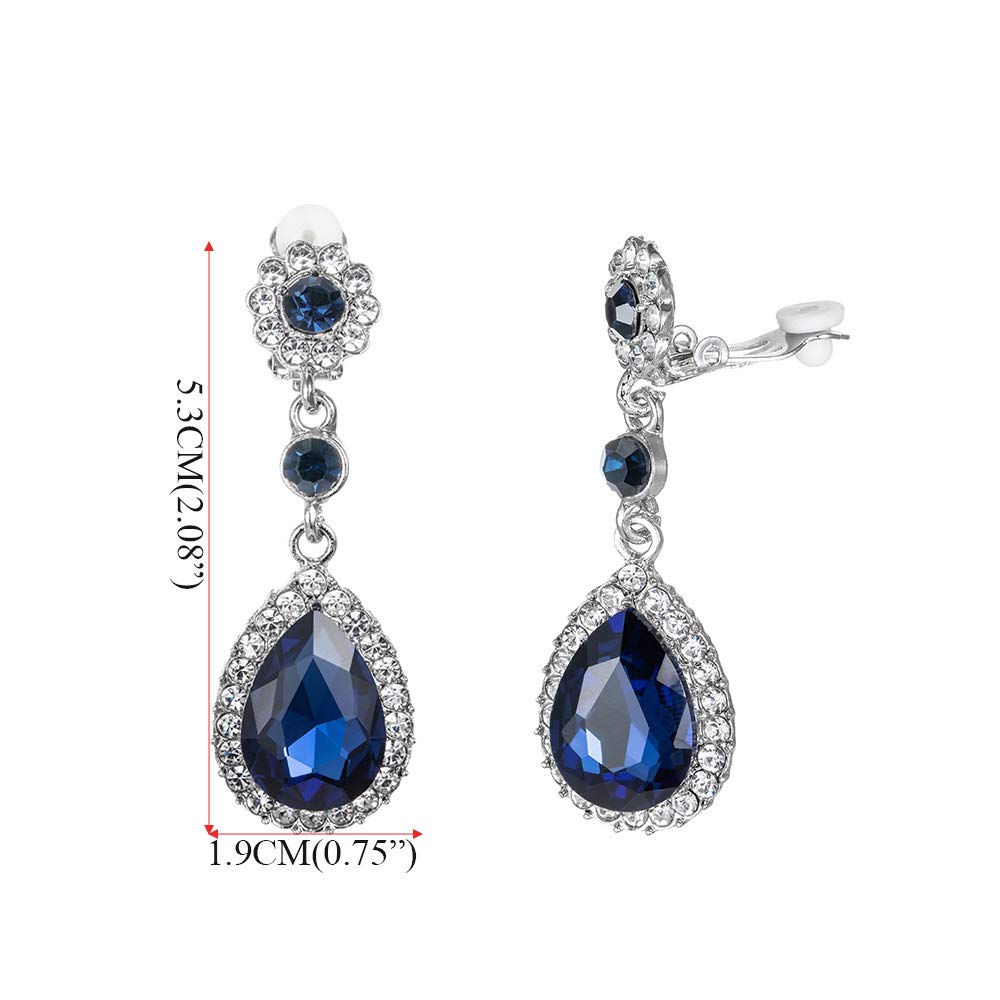 Gorgeous Austrian Crystal Rhinestone Clip on Earring Wedding Bridal Teardrop Drop Dangle Earrings (Clip on Dark Blue)