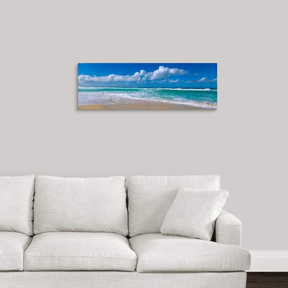 GREATBIGCANVAS Waves crashing on the beach, Sunset Canvas Wall Art Print, Coastal Home Decor Artwork, 60"x20"x1.5"