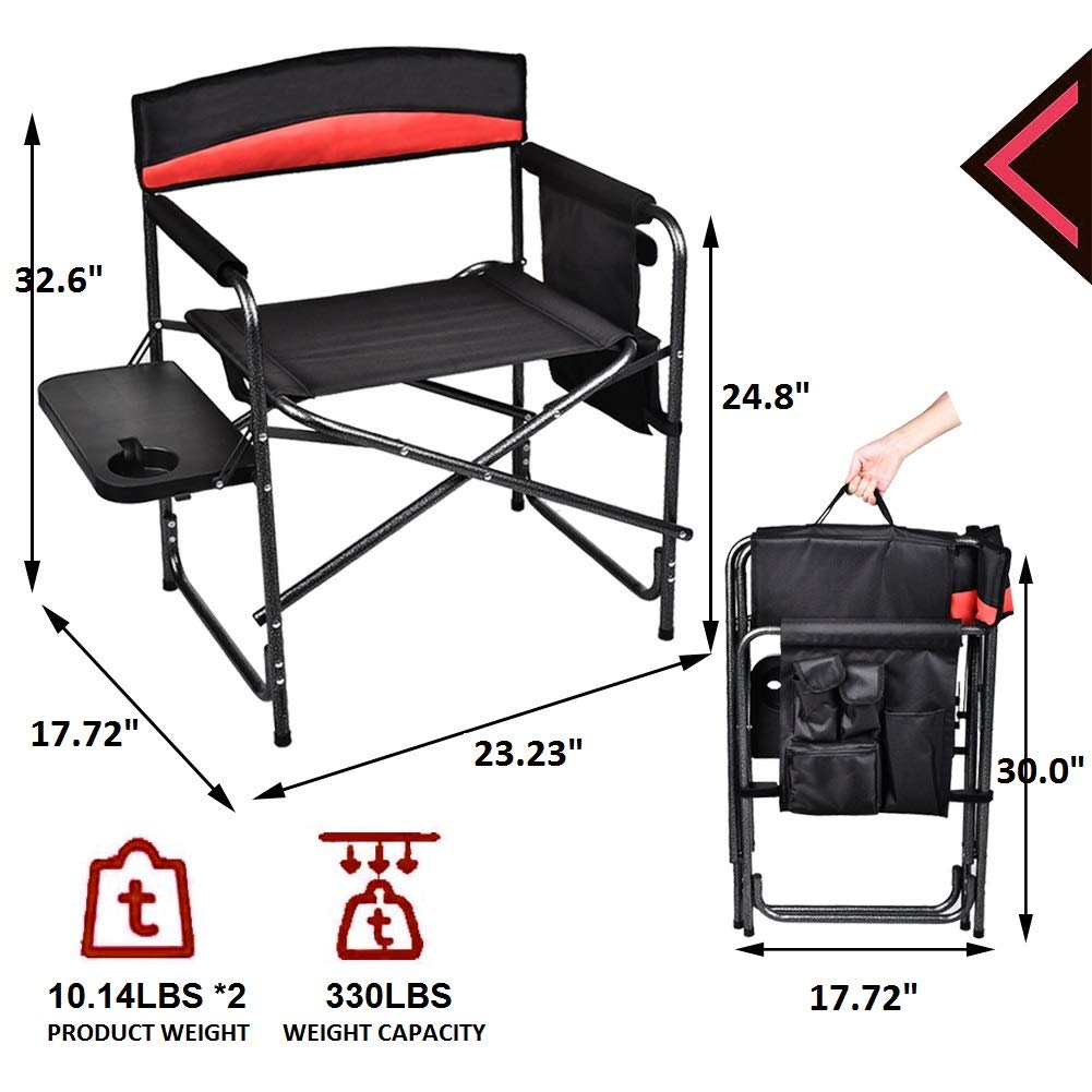 Grepatio Portable Folding Camping Chairs Set of 2, Aluminum Frame Director Chairs with Side Table, Cup Holder, Carry Handle - Supports 330LBS
