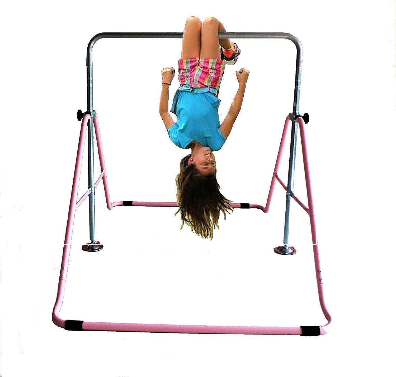 Gymnastics Bar for Kids Horizontal Kip Bar Jungle Gym with 8'x'4 EVA Puzzle Mat, Junior Training Monkey Bars Home Gym Adjustable Height Expandable Junior Training Bar Indoor Foldable (Pink)