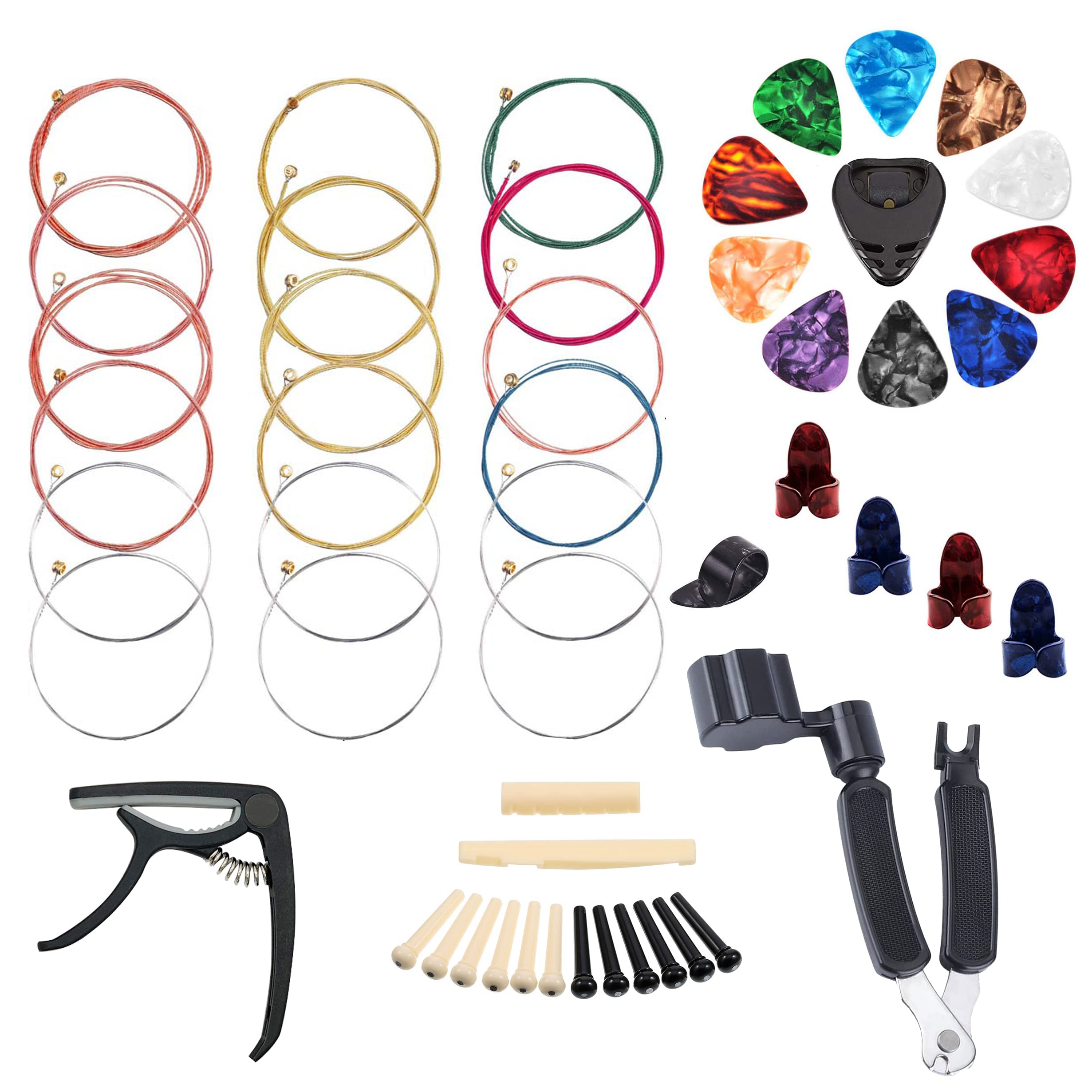 Guitar Accessories Kit, Includes Acoustic Guitar Strings, Capo, 3-in-1 Restring Tool, Picks, Pick Holder, Bridge Pin, Nuts & Saddles, Finger Picks (51PCS)