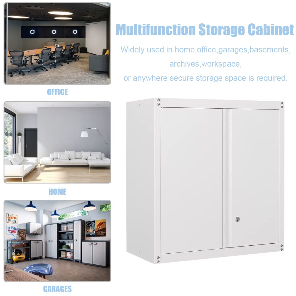 GREATMEET Metal Wall Mount Locking Cabinet with Adjustable Shelf, Garage Storage Cabinet with Locking Doors, Office Filing Cabinet with Lock, Storage Cabinet for Garage, Home Office, Kitchen