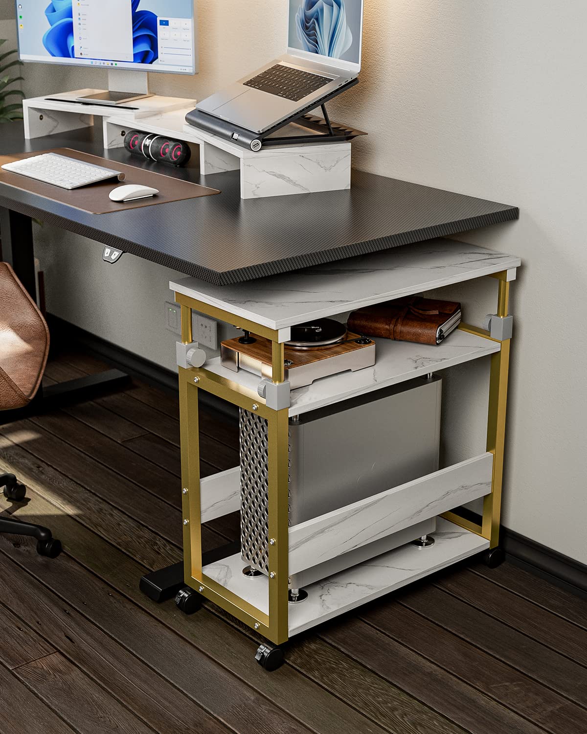 HMFOR Computer Tower Stand with Height Adjustable, PC Stand for Under Desk, Moblie Computer Case Tower, 3-Tier Computer Cart with Rolling Wheels for Home Office Gaming Case, Rustic Brown