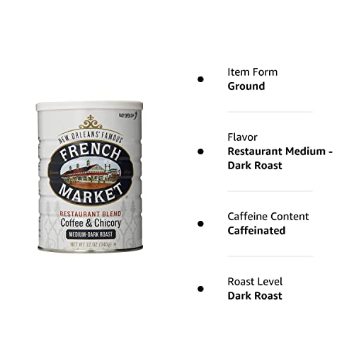 French Market Coffee, Coffee & Chicory Restaurant Blend, Medium-Dark Roast Ground Coffee, 12-Ounce Metal Can