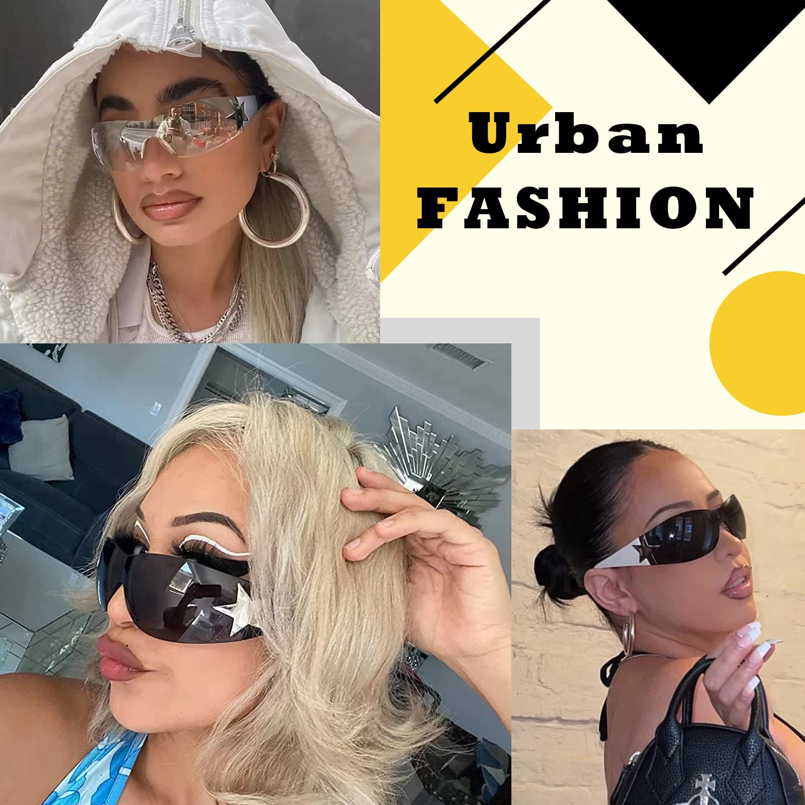 IOHLNG Y2K Sunglasses Rimless Wrap Around Oversized Sun Glasses Trendy Shield for Women Men UV Protection Fashion Black Frame Grey Lens