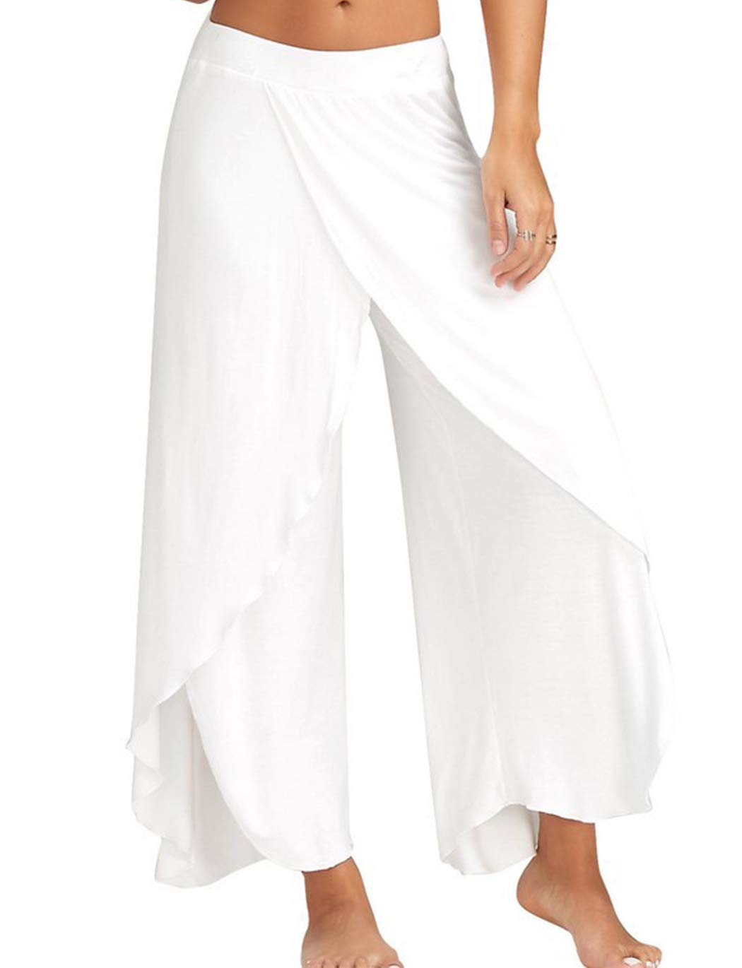 Haellun Womens High Side Split Workout Wide Leg Flowy Yoga Palazzo Cropped Pants（White-M）
