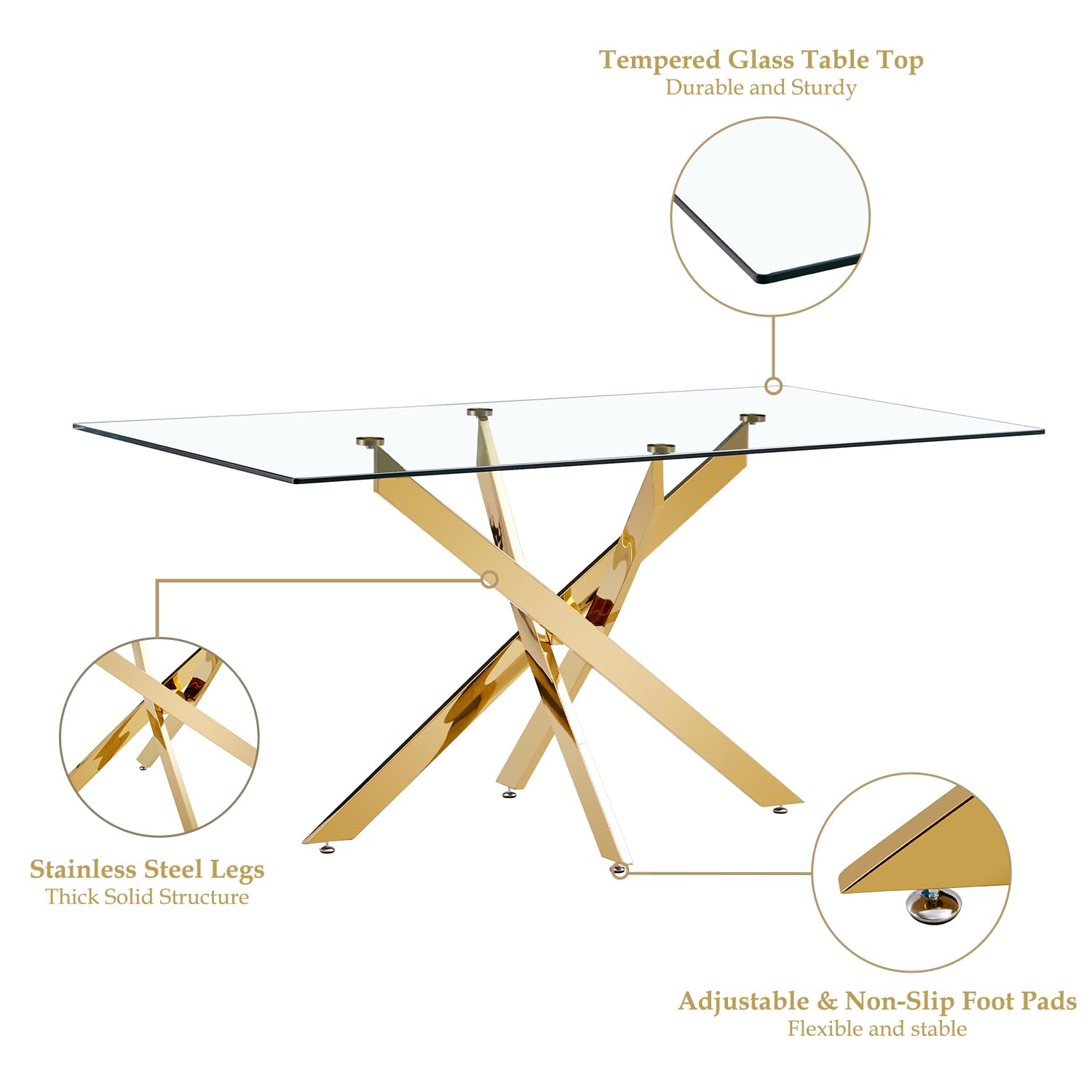HAIZAO Dining Table Set for 4, Modern Rectangular Tempered Glass Top Table and PU Leather Chairs for Dining Room, Living Room, Kitchen, Plain Back, White with Gold Base