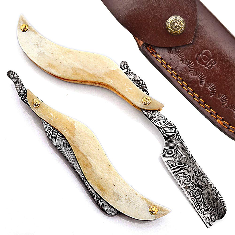 Hand Made Damascus Steel Straight Razor Folding Razor With Shaving Ready Classic Barber Blade Edge, Men Straight Razor, Leather Case + Strop, Close Shave, Great Gift R-82