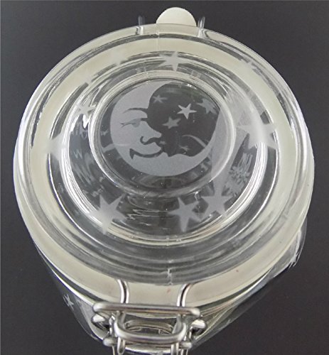 IncisoArt Hand Etched Glass Jar Airtight Canister Sandblasted (Sand Carved) Handmade Engraved Locking Wire Clamp Lid (Sun Moon Stars Planets, 38 Ounce)