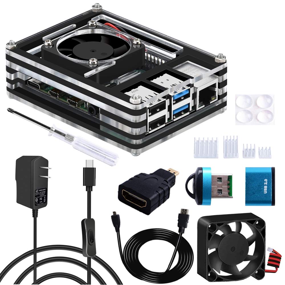 GeeekPi Raspberry Pi 4 Case with 4010 Fan 5V, 5V 3A USB-C Power Adapter, 4 x Heatsink, 1M Micro HDMI Cable, HDMI Micro HDMI Adapter, USB Card Reader for Raspberry Pi 4 Model B (RPi Board Not Included)