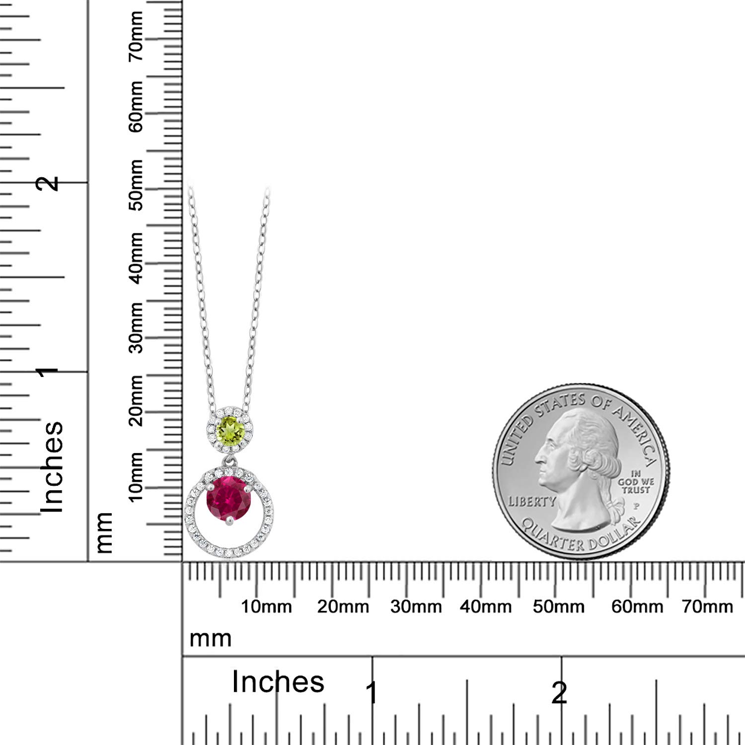 Gem Stone King 925 Sterling Silver Red Created Ruby and Green Peridot Pendant Necklace For Women (1.90 Cttw, Gemstone July Birthstone, Round 6MM and 4MM)