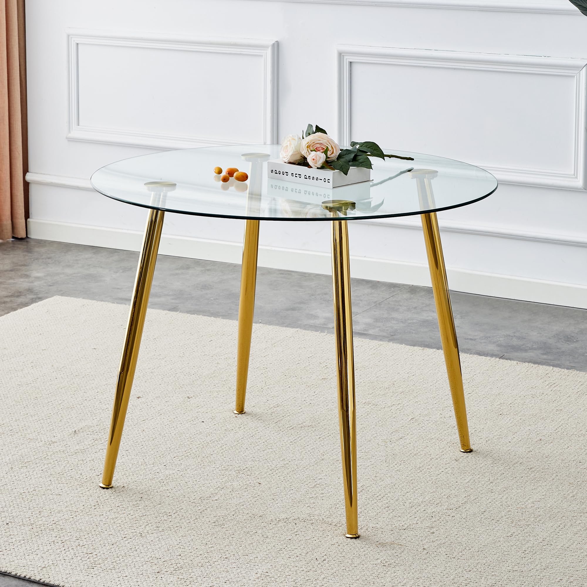 gopop Glass Dining Table Set for 4,5 Piece Round Dining Table Set,Gold Glass Dining Table with 4 White Leather Dining Chairs,Round Kitchen Table Set,Ideal for Apartment Living Room