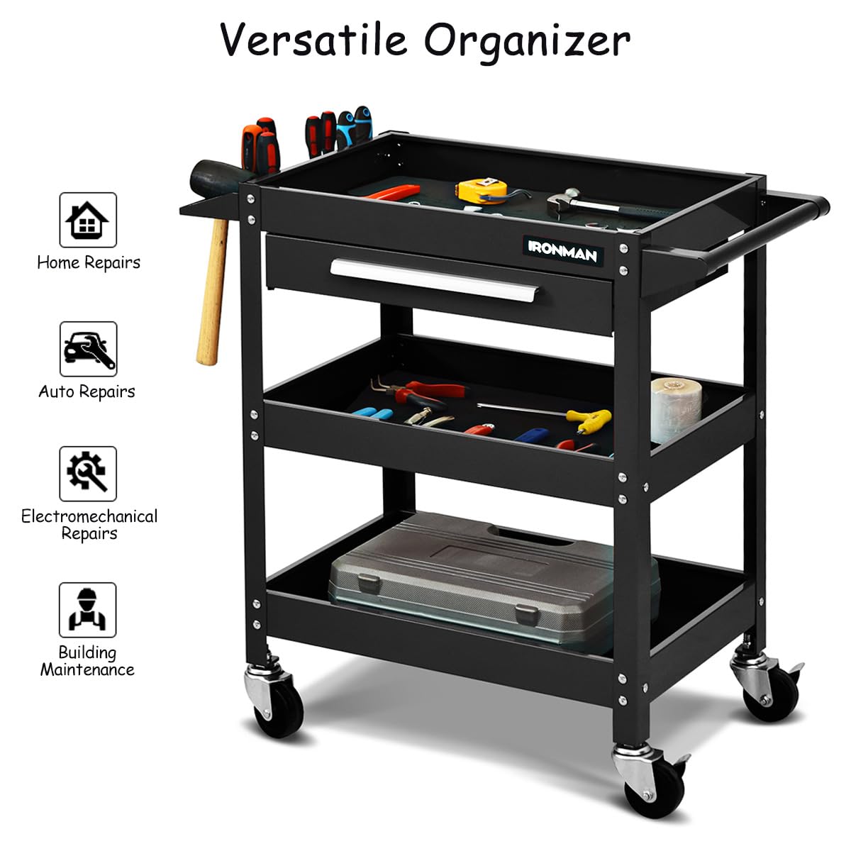 IRONMAX 3 Tier Tool Chest, Heavy Duty Industrial Utility Service Cart with Drawer & Wheels, Rolling Mechanic Tool Box Organizer for Garage Warehouse Workshop Repair Shop Office, 330 LBS Capacity