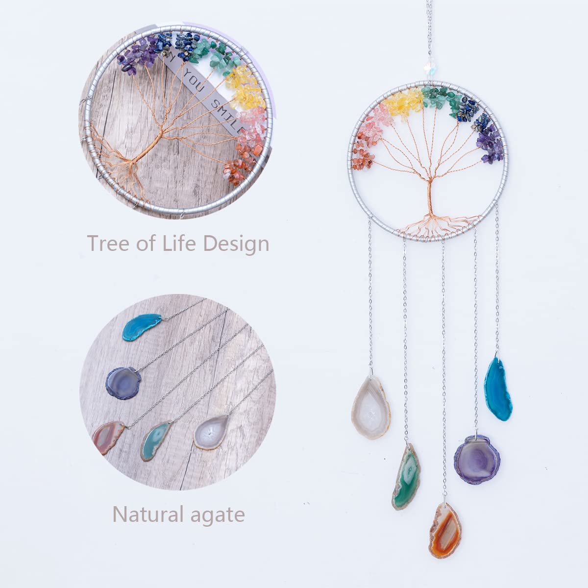 Gem Dream Catchers Agates 7 Chakra Gemstone Wall Hangings Tree of Life Meditation Ornament Home Chakra Feng Crystals Decor Stoneā¦