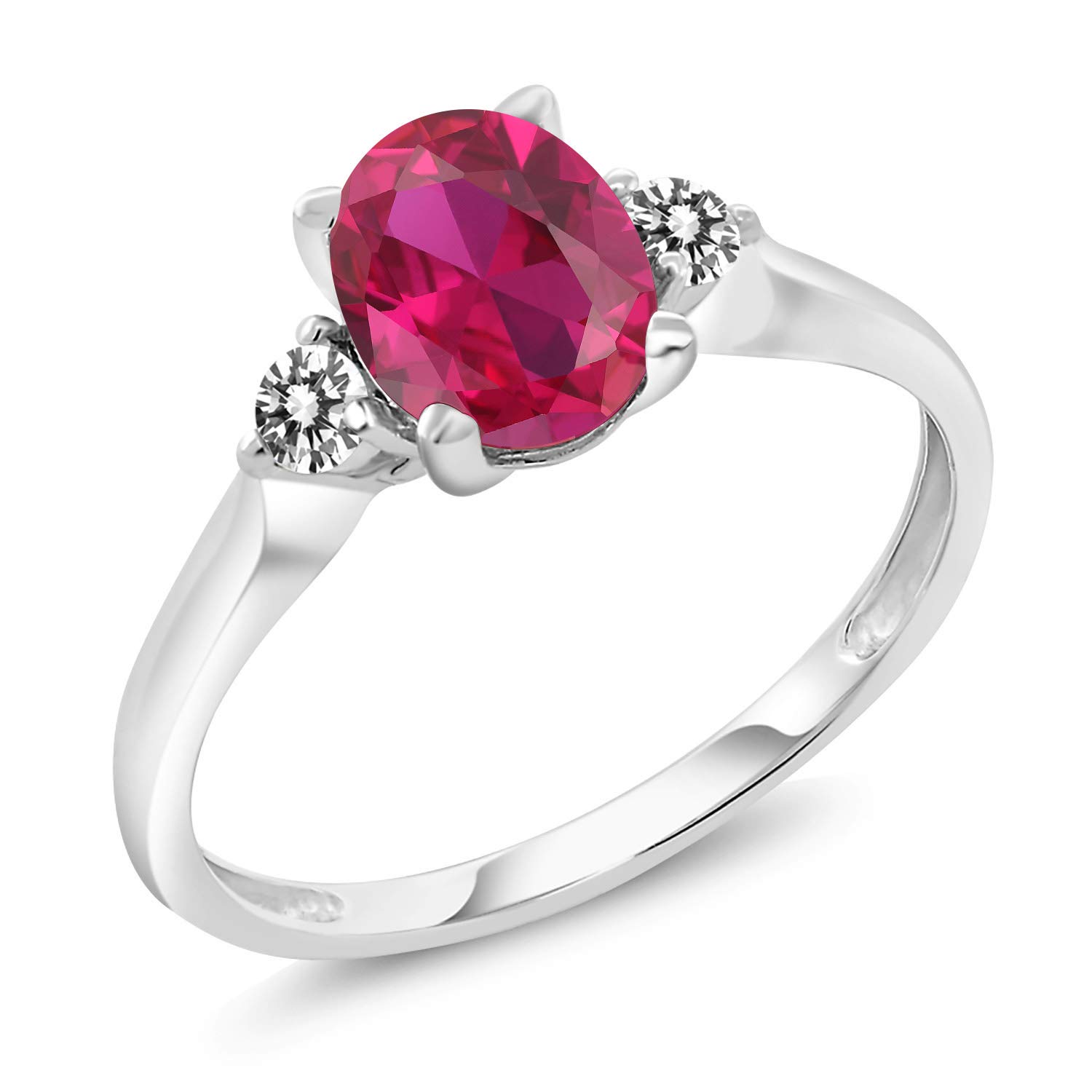 Gem Stone King 10K White Gold Oval Red Created Ruby and White Diamond Engagement Ring For Women (1.63 Cttw, Available In Size 5, 6, 7, 8, 9)