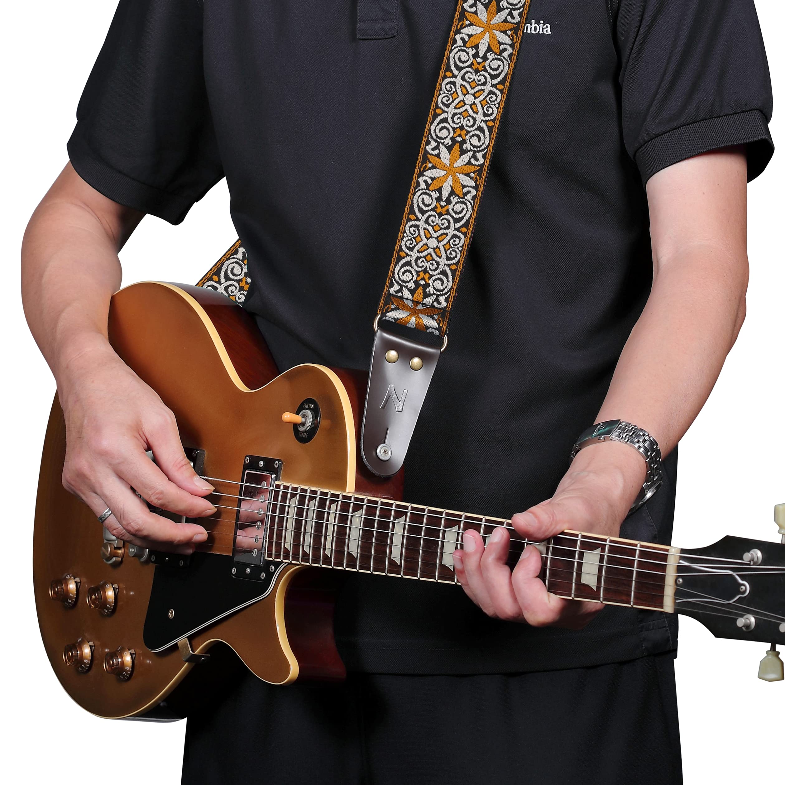 Guitar Strap, Vintage Embroidered Cotton Guitar Straps with Genuine Leather Ends for Bass, Electric & Acoustic Guitars, Come with Free Strap Button, 1 Pair Strap Lock and 4 Guitar Pick (Yellow Flower)