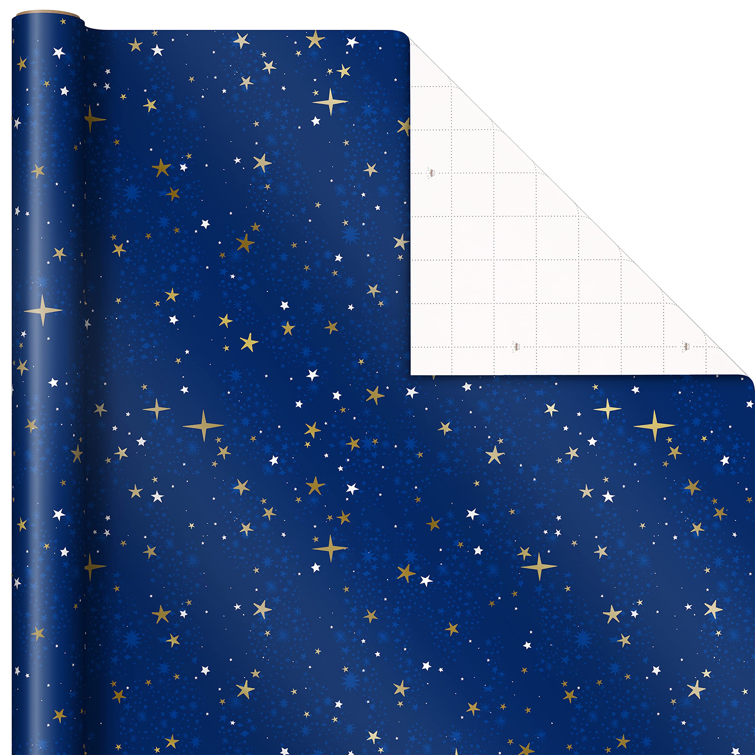 Hallmark Blue Wrapping Paper with Cut Lines on Reverse (3 Rolls: 120 sq. ft. ttl) Starry Snowflakes, Winter Galaxy, Navy Blue, Gold for Birthdays, Graduations, Winter Weddings