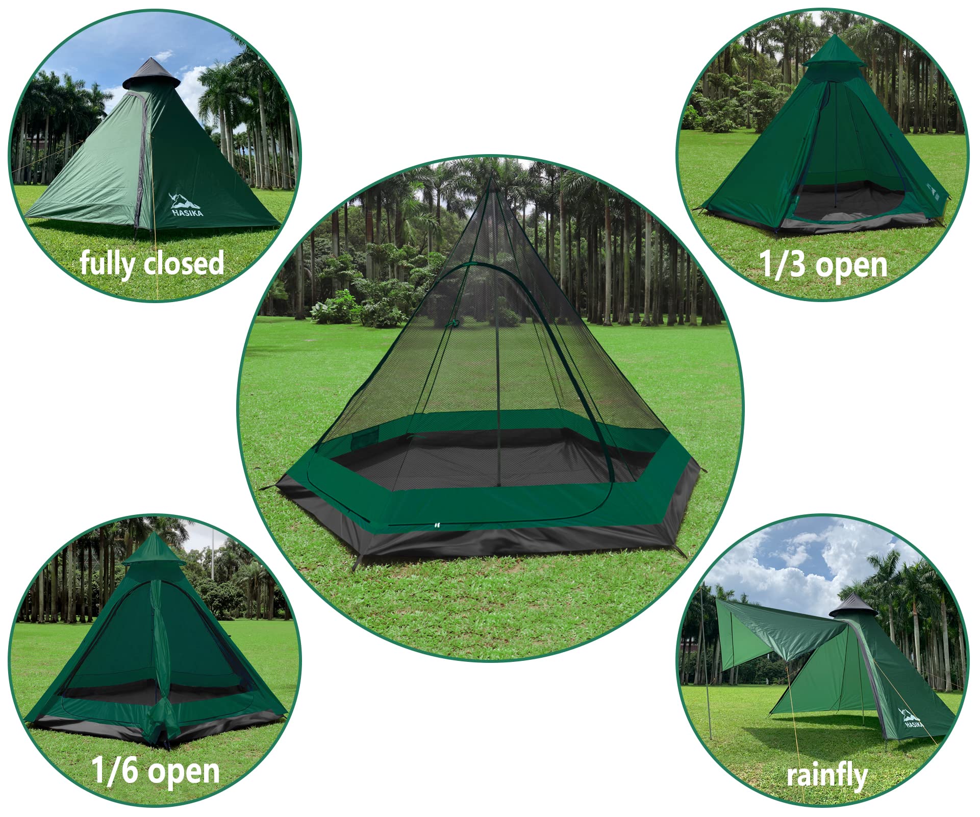 Hasika 4 Person Camping Tent Teepee Tent with Screen Netting and Rainfly Easy Set Up Waterproof Windproof Large Space 12x10ft