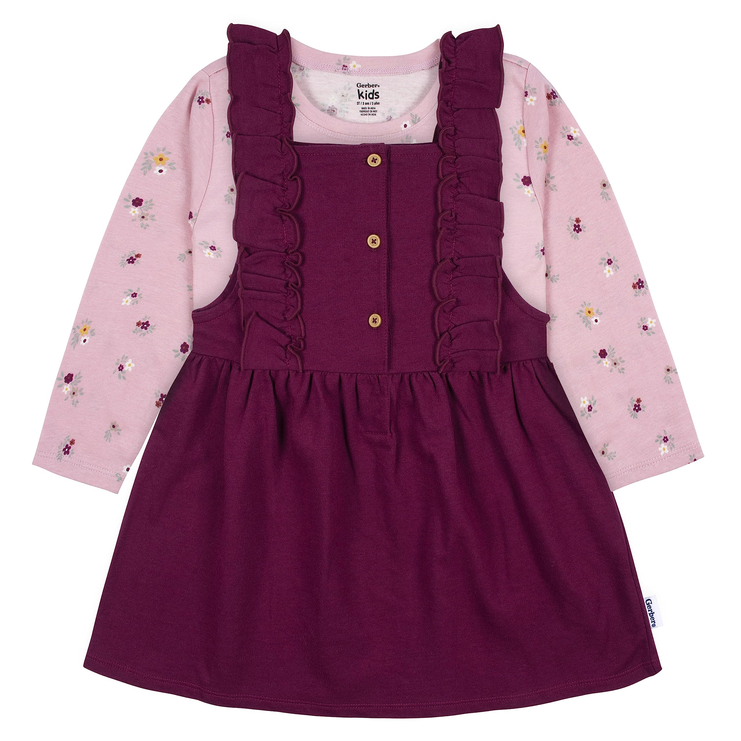 Gerber Baby Girls Toddler 2 Piece Overall Dress Set, Purple Floral, 4T