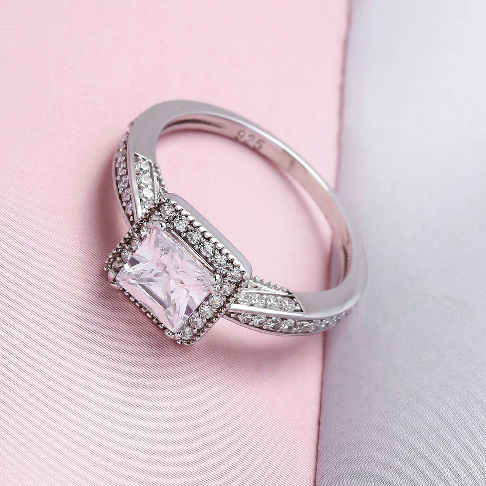 Gualiy 925 Sterling Silver Promise Rings, Wedding Rings Engagement Rings Square Shape Cubic Zirconia Rings Size 5.5