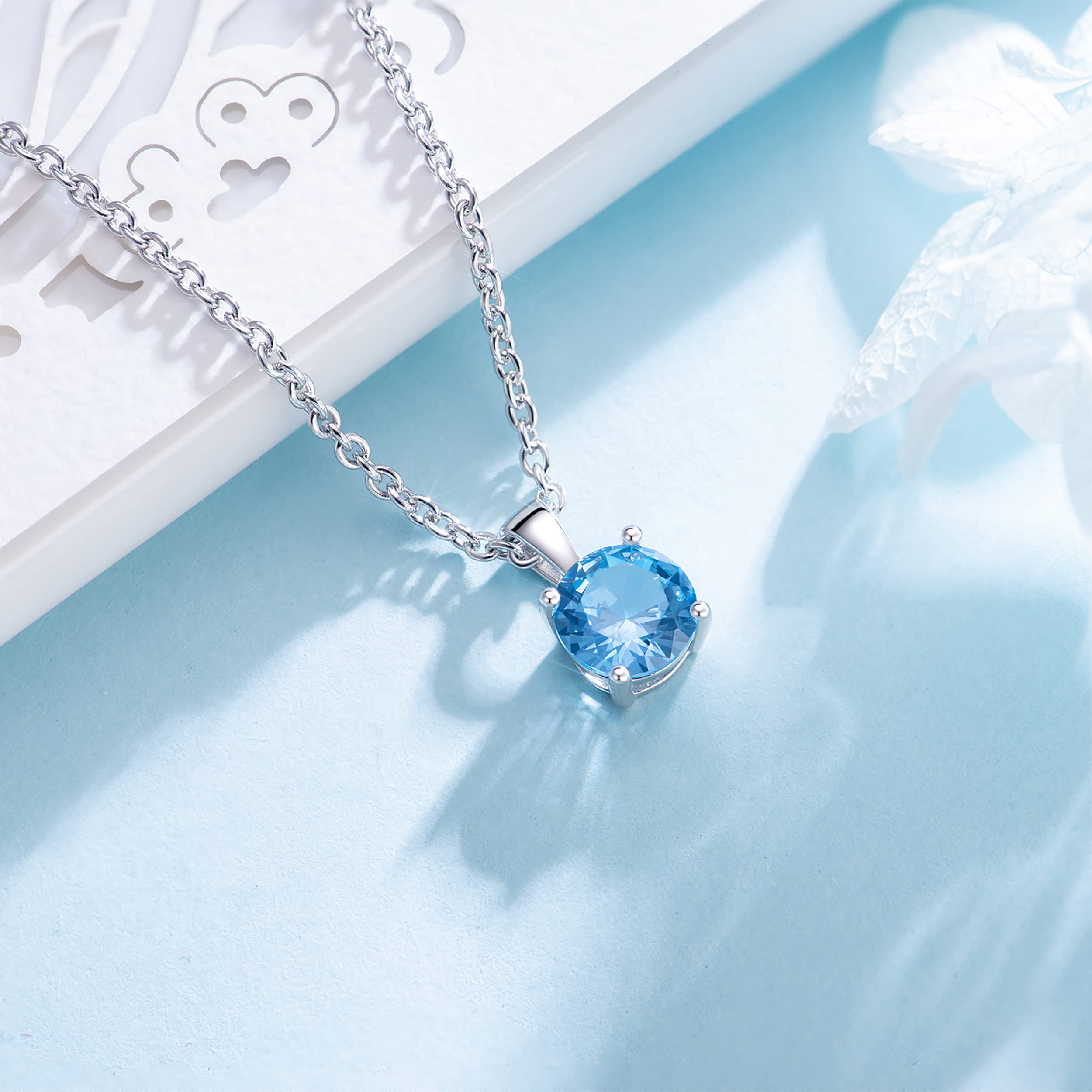 Gloffery 925 Sterling Silver Tiny Dainty Necklace, Aquamarine-Topaz-Blue Round Cut Pendant Necklace, Hypoallergenic Necklace, Sterling Silver, created spinel