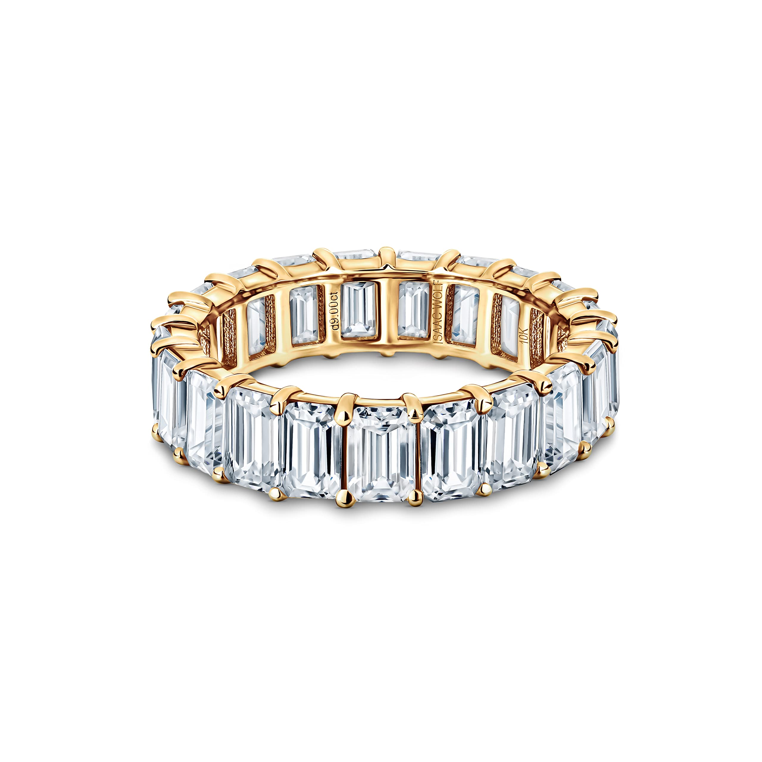 ISAAC WOLF 9 CARATS Emerald Cut Eternity Genuine Moissanite Diamond Solitaire Wedding Band 10k Solid White, Yellow OR Rose GOLD (Yellow Gold, 6)