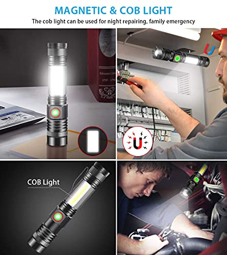 iToncs LED Rechargeable, 1000 Lumens Super Bright Magnetic Flashlight with COB Work Light, Waterproof, 4 Modes, Pocket Tactical Flashlights for Outdoor Camping Emergency 2 Pack No Battery
