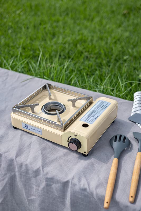 HTHomeprod Portable Butane Stove Gas Fuel Windproof Single Camping Burner Outdoor Cooker Stoves Carry Case Wind Guard
