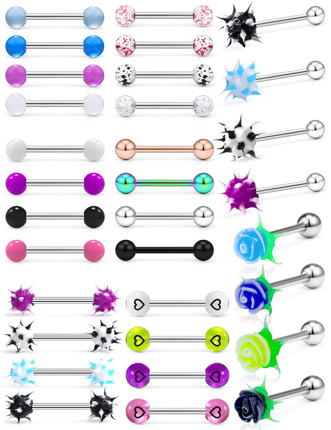 Hnxnskt 32Pcs Assorted Styles 14G Tongue Rings Stainless Steel Tongue Piercing Barbells Multicolor Long Tounge Piercing Jewelry for Women Men