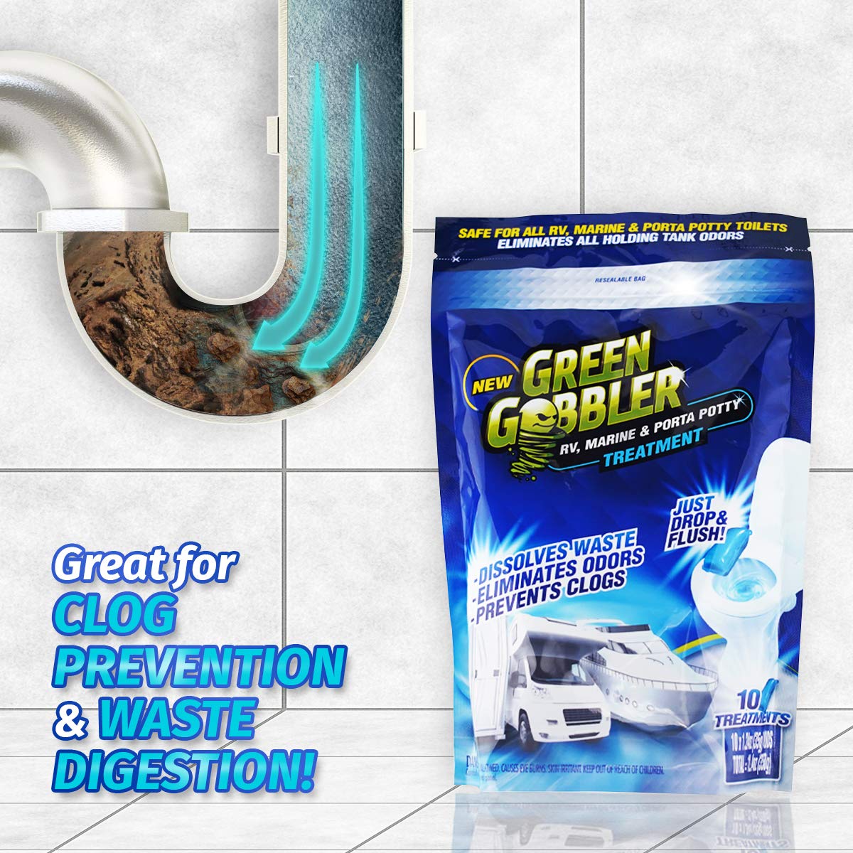 Green Gobbler Holding Tank Deodorizer and Treatment | RV, Marine & Porta Potty Treatment | Prevents Clogs & Waste Build-Up (10 Pod Pouch)