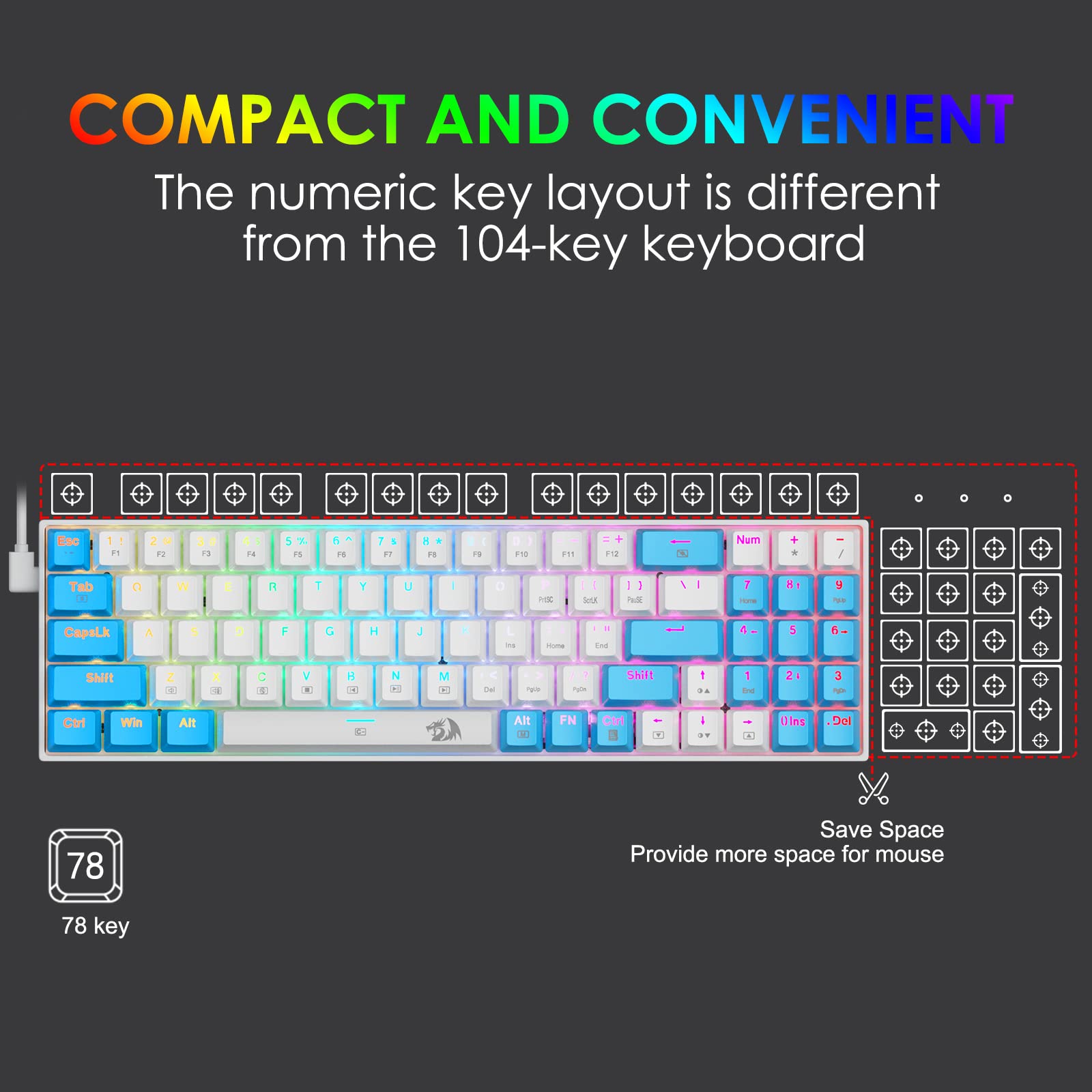 HUO JI K688 Compact Mechanical Gaming Keyboard with Number Pad, Programmable True RGB Backlit, Hot Swappable Blue Switches, Pro Driver/Software Supported, for PC/Computer/Laptop, White and Blue