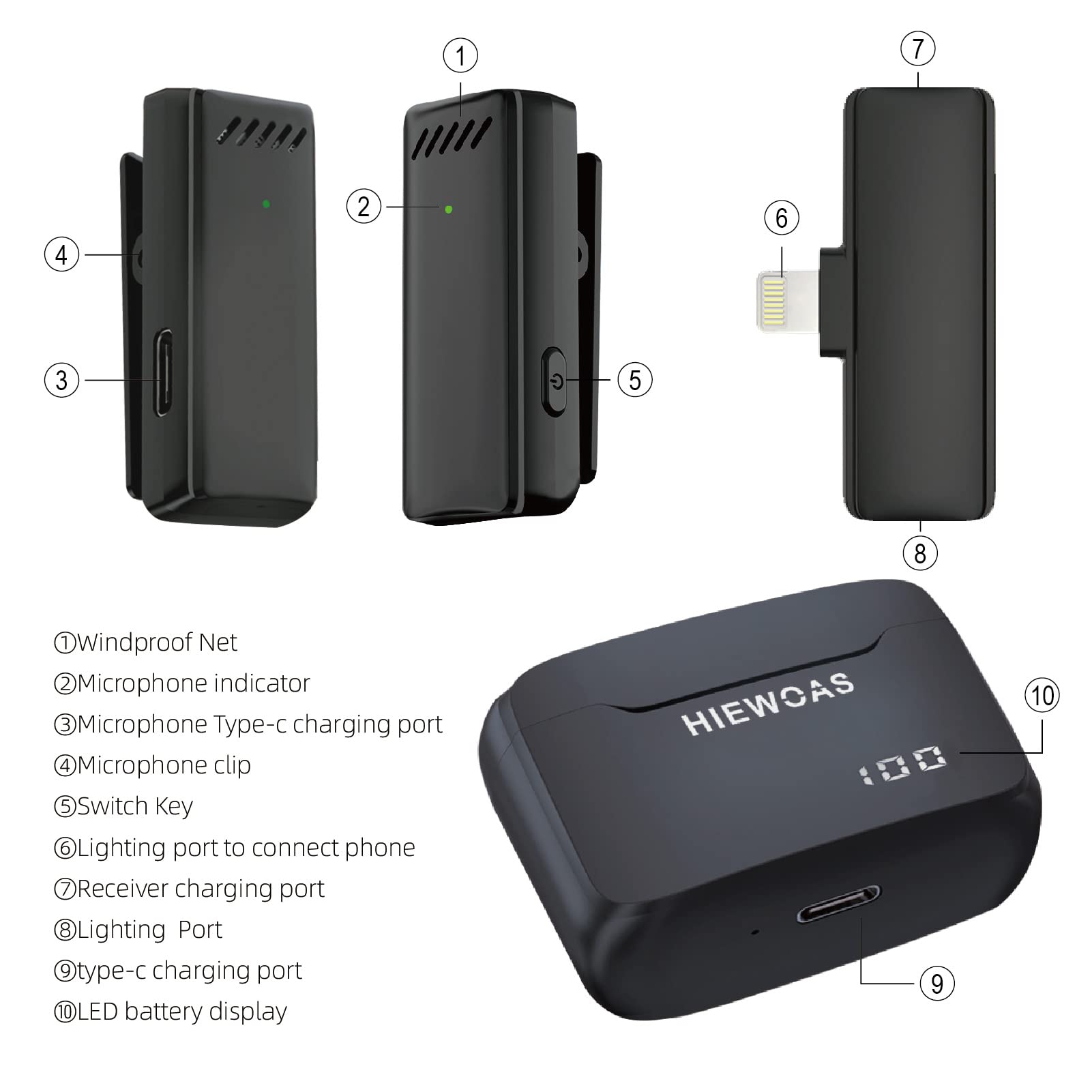 HIEWOAS Wireless Microphone for iPhone, Lavalier Lapel Microphones with Charging Case, Plug-Play Clip On iPhone Microphone for Video Recording, TikTok, Podcast(2023)