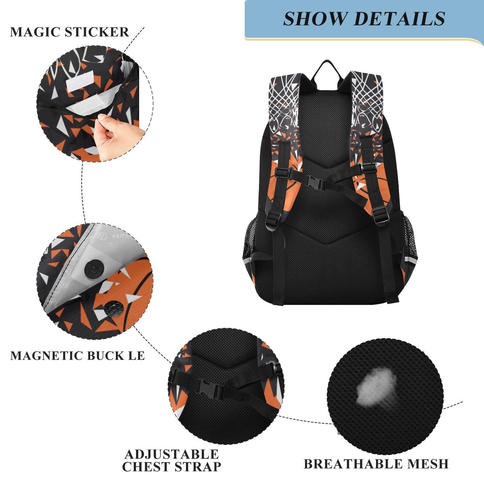 Glaphy Basketball Sports School Backpack Lightweight Laptop Backpack Student Travel Daypack with Reflective Stripes