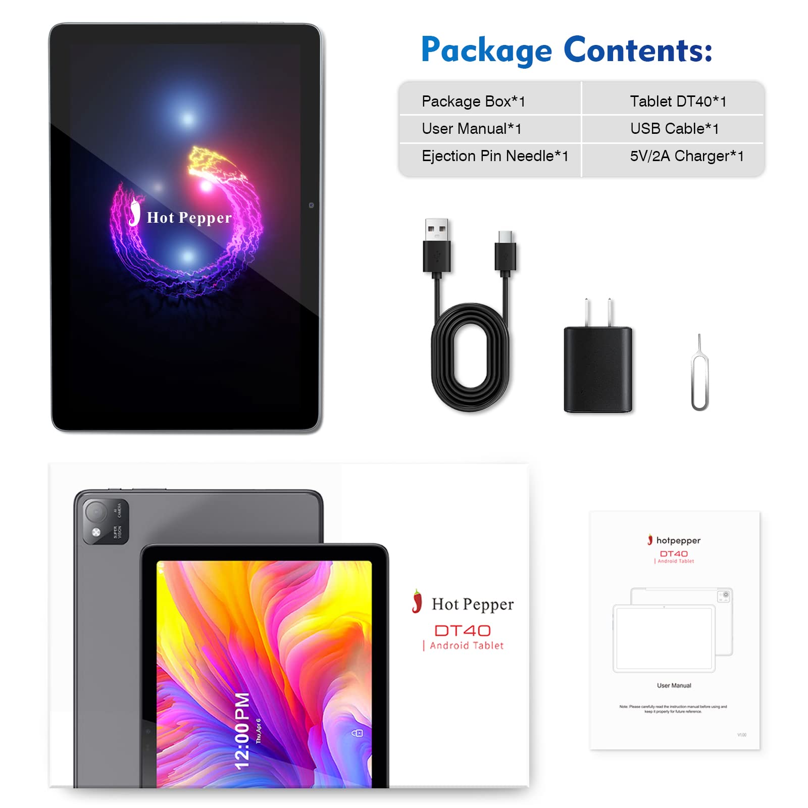 Hot Pepper Android 12 Tablet,1TB Expand Tablet 10.1 Inch, Octa-Core Processor with 6GB RAM+128GB ROM,13MP Rear +8MP Front Camera,5G/WiFi/GPS/Bluetooth/7000mAh Battery Tablets for Gaming