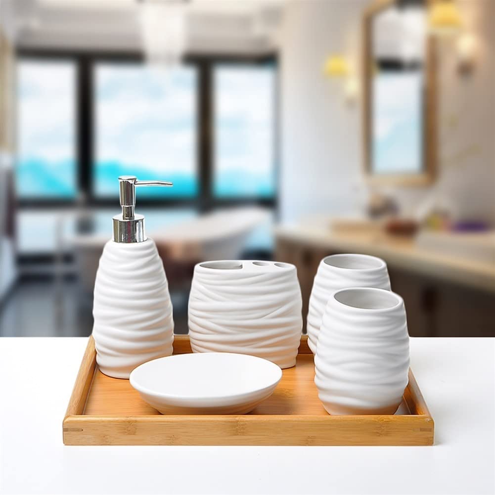 HNSYYUEYOU Soap Dispenser Set Creative Ceramic Soap Dispenser Wash Mouth Cup Toothbrush Cup Storage Soap Tray Bathroom Five-Piece Set (Color : White)