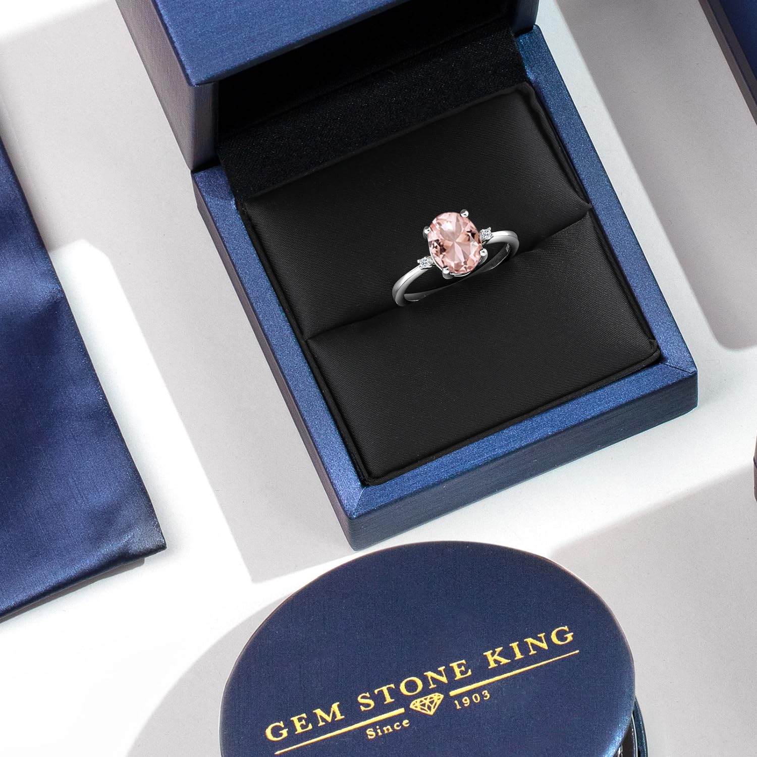 Gem Stone King 925 Sterling Silver Peach Nano Morganite and White Topaz 3 Stone Ring For Women (2.36 Cttw, Oval 10X8MM, Gemstone October Birthstone, Size 6)