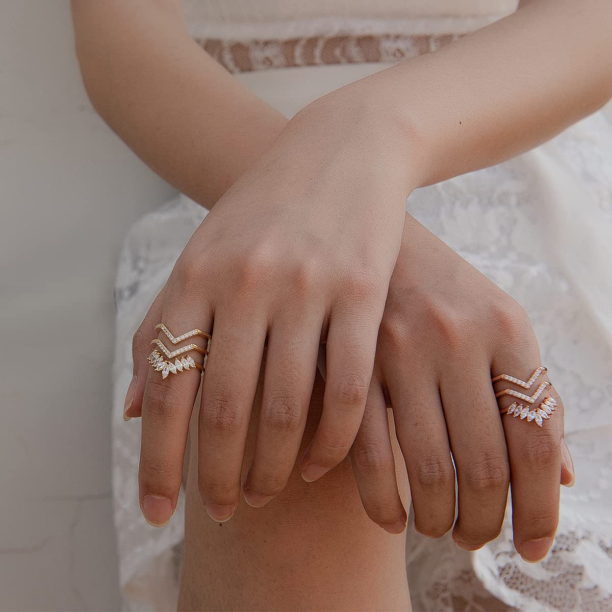 Gold Chevron Statement Rings for Women 14k Gold Plated Gold Pointed V Shaped Chunky Open Ring Marquise Crystal Cubic Zirconia Adjustable Rings