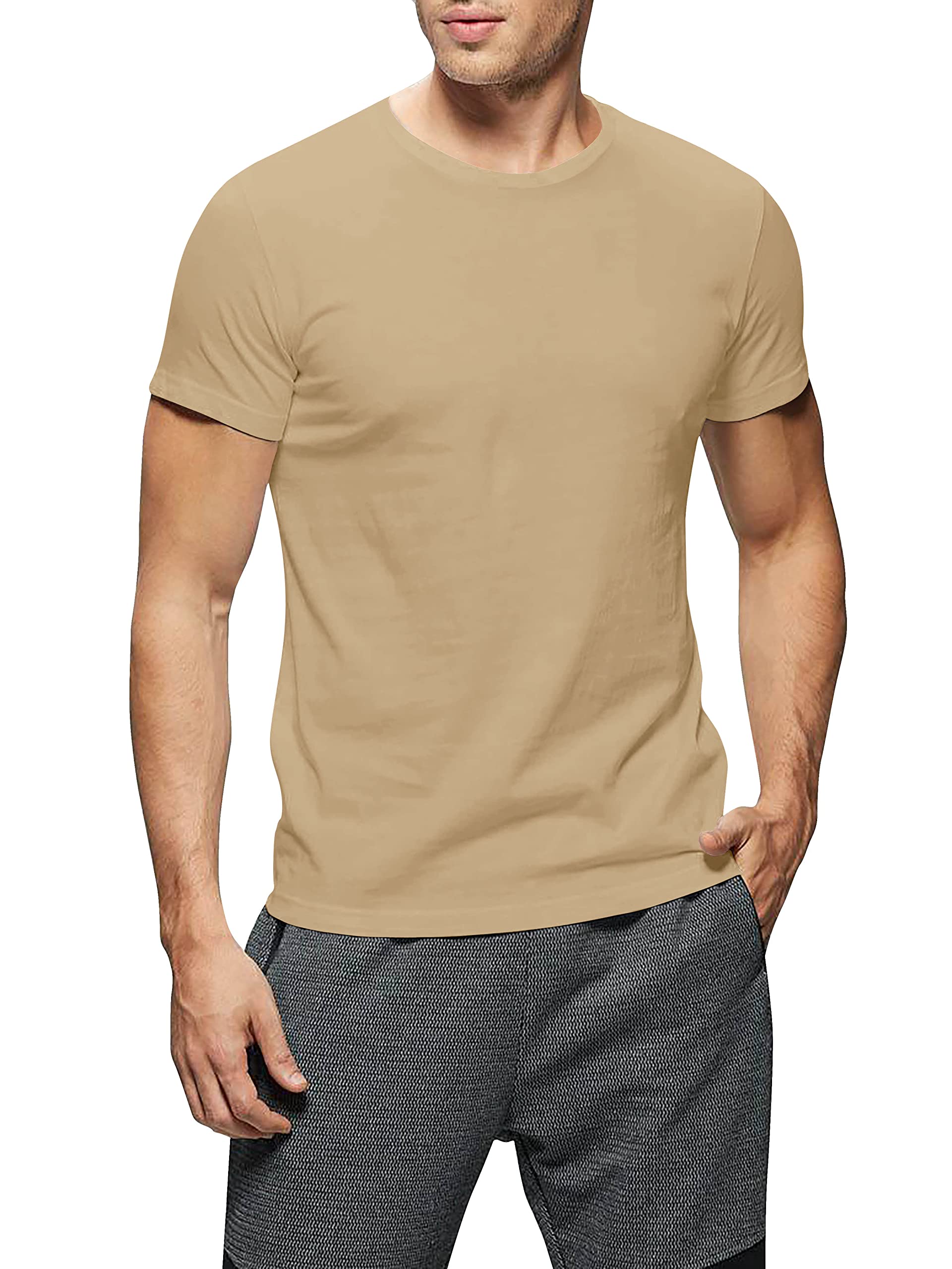 Hat and Beyond Mens Crew Neck T Shirts Solid Short Sleeve Tee (X-Large, 1ks18_Khaki)